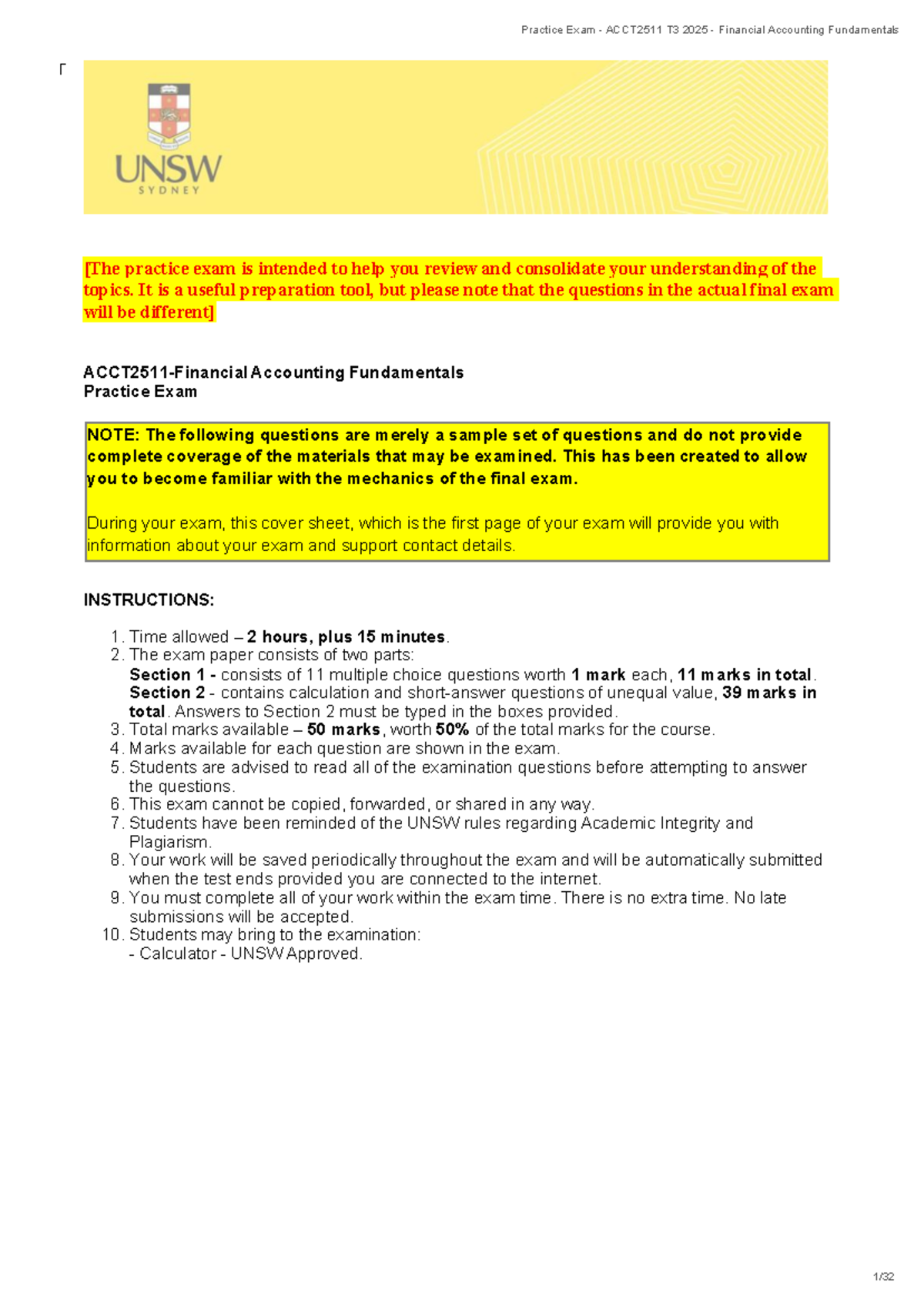 Practice Exam ACCT2511 T3 2025 Financial Accounting Fundamentals - Studocu