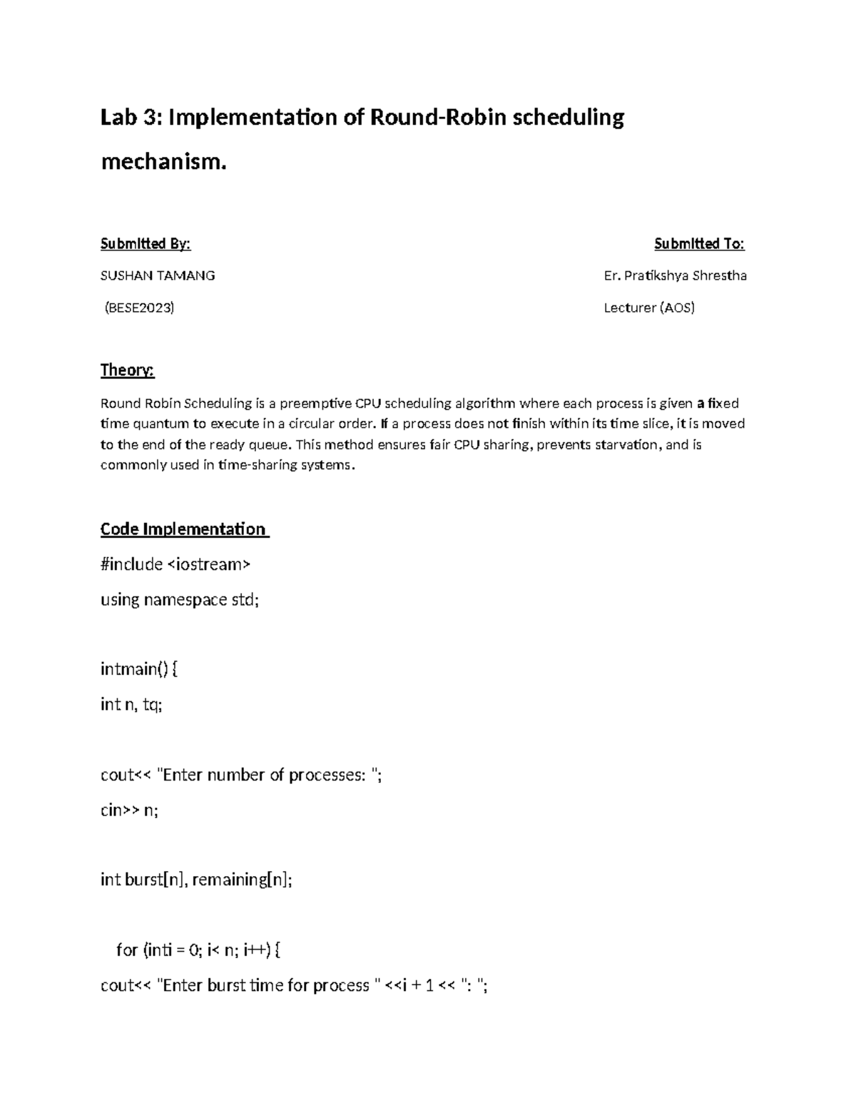 AOS Lab 3: Round Robin Scheduling Implementation Guide - Studocu