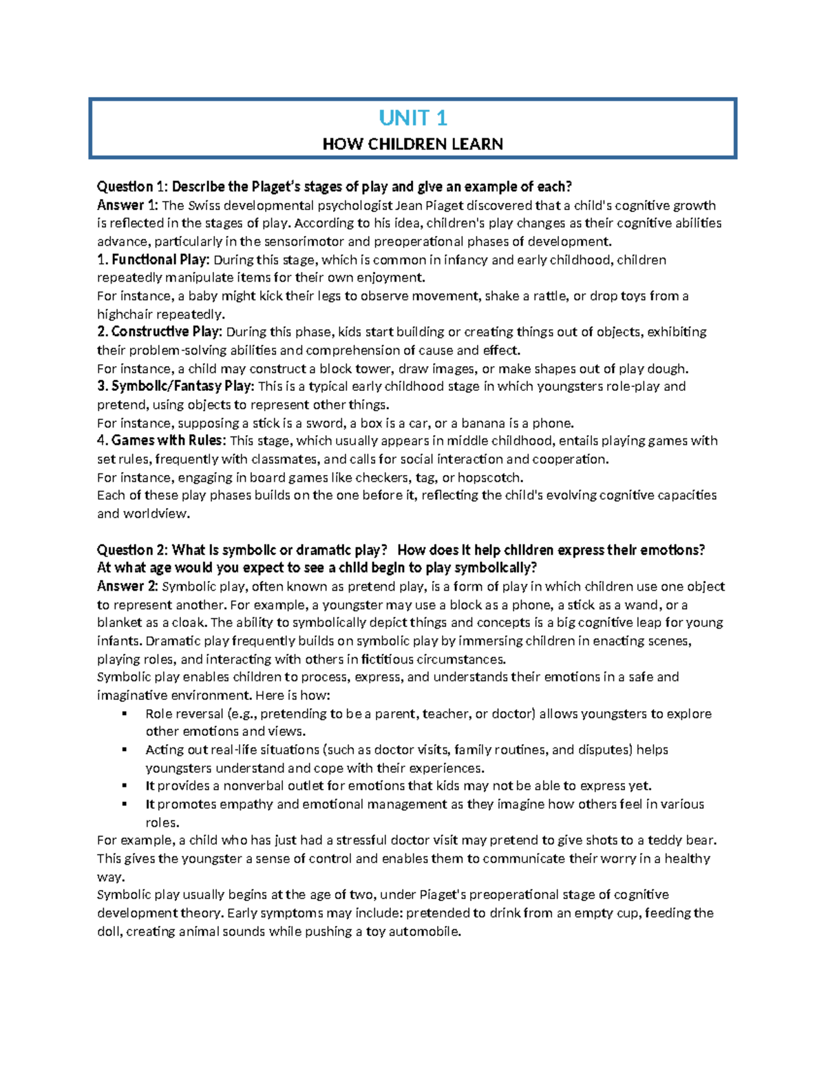UNIT 1 Assignment 1: Understanding Stages of Play in Child Development ...