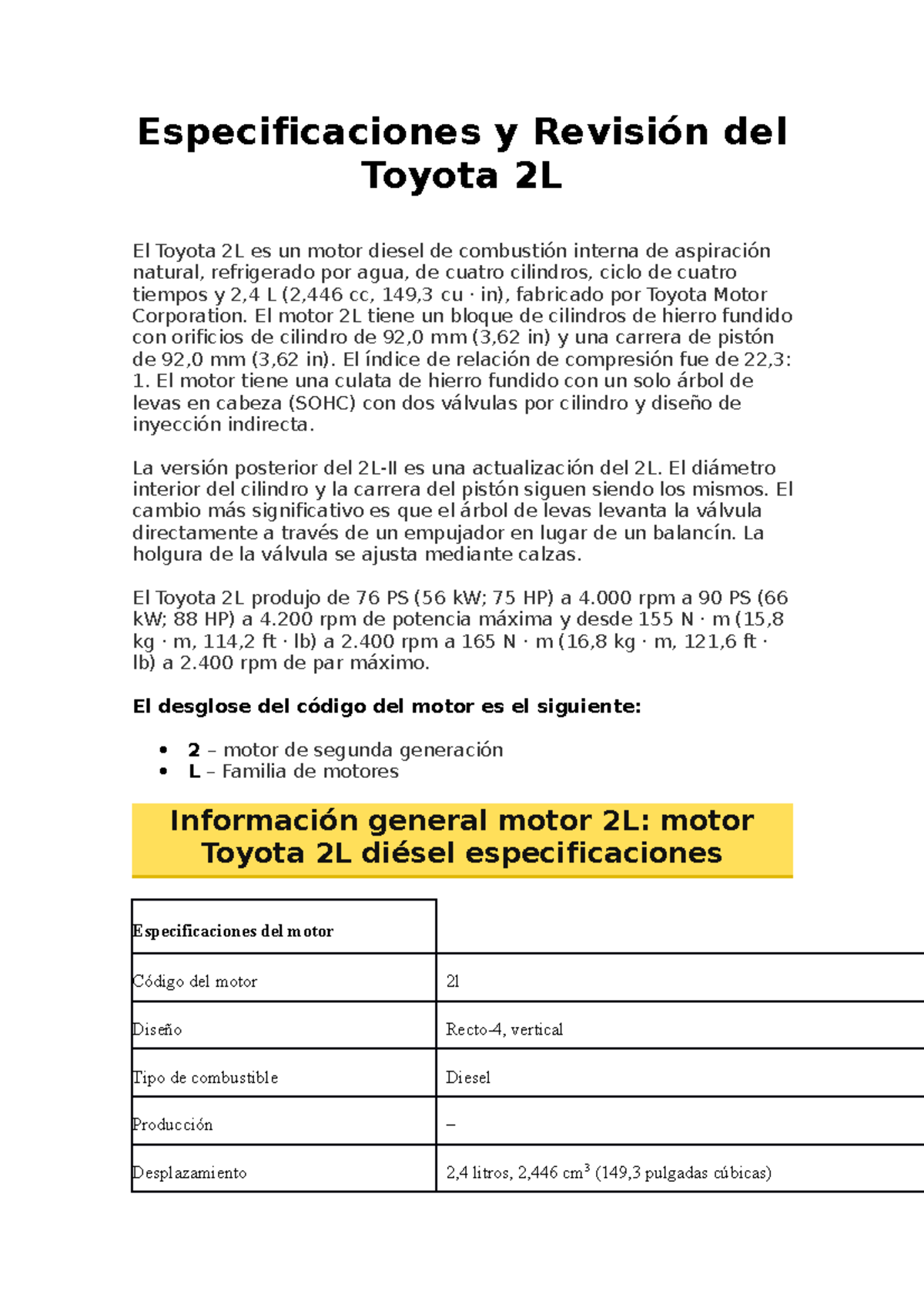 Especificaciones y Revisión del Motor Diesel Toyota 2L - Studocu