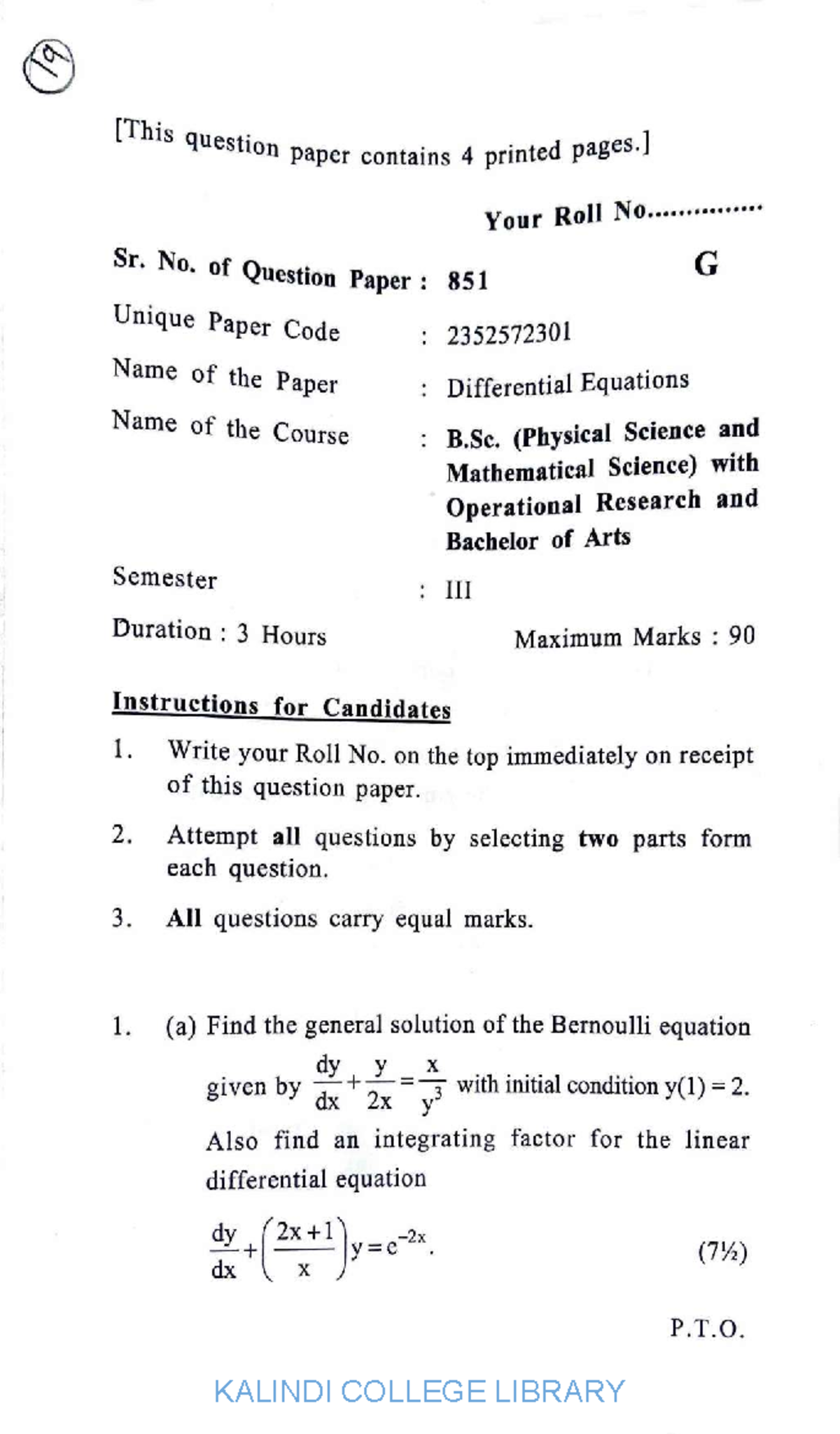Previous year question paper - Differential Equation - Studocu