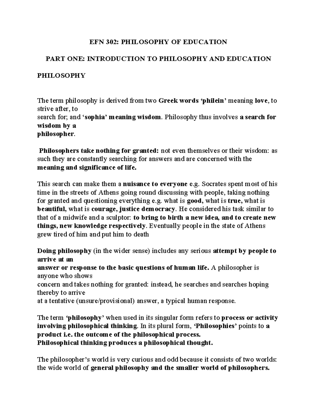 EFN 302: Philosophy of Education - Introduction and Key Concepts - Studocu