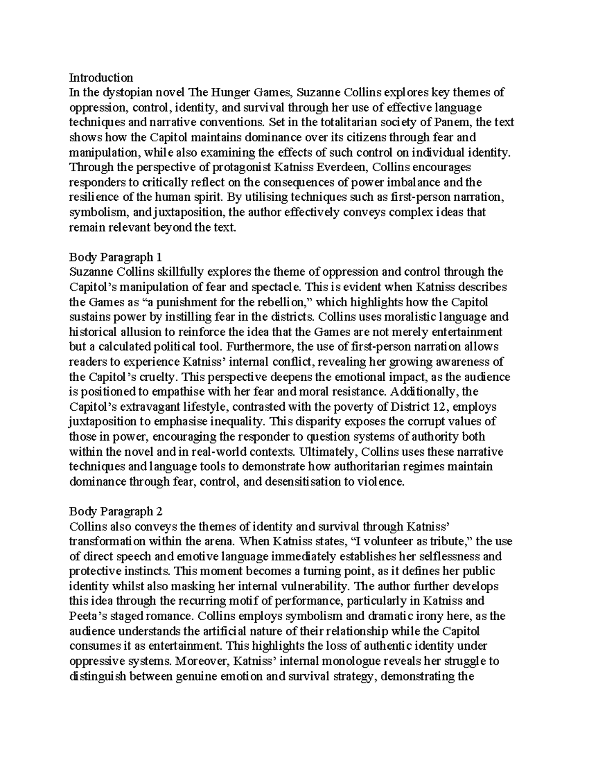 English Essay Year 9 Term 1: Themes in The Hunger Games - Studocu