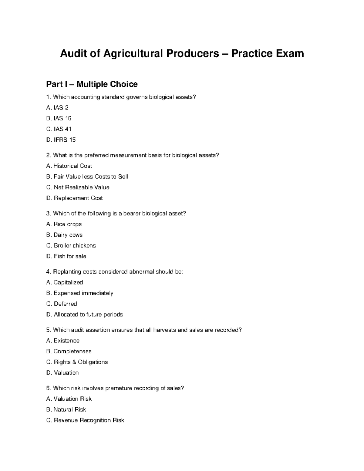 Audit of Agricultural Producers Practice Exam: MCQ & True/False - Studocu