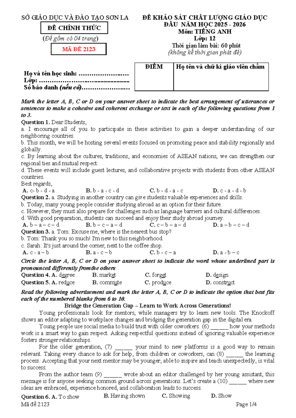 Đề Khảo Sát Chất Lượng Đầu Năm Học 2025-2026 Mã Đề 2123 - Studocu