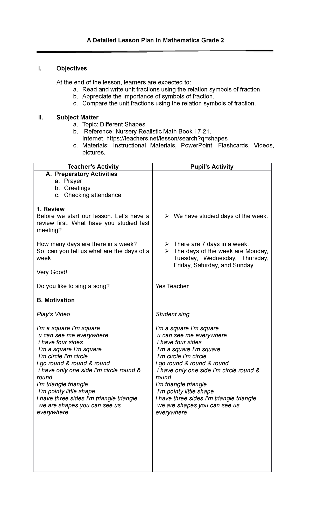 Mathematics Lesson Plan for Grade 2: Exploring Different Shapes - Studocu