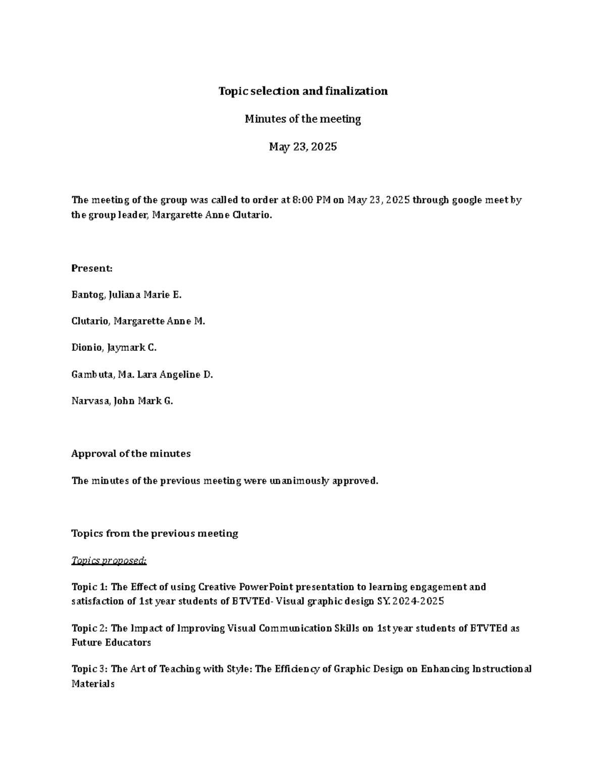 Minutes of the Meeting: Topic Selection for Visual Graphics (May 23 ...