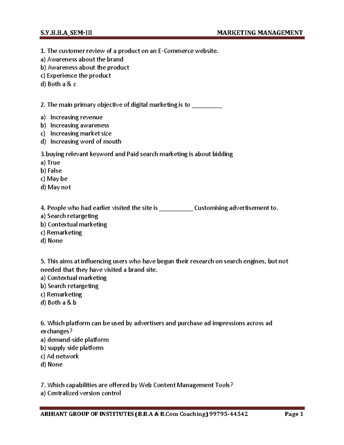 Digital Marketing Quiz - MCQ 5 (Including Q&A) - Studocu