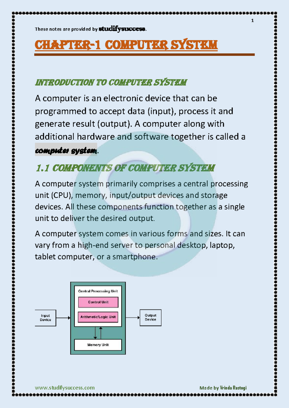 Class 11 Computer Science: Chapter 1 - Computer System Notes - Studocu