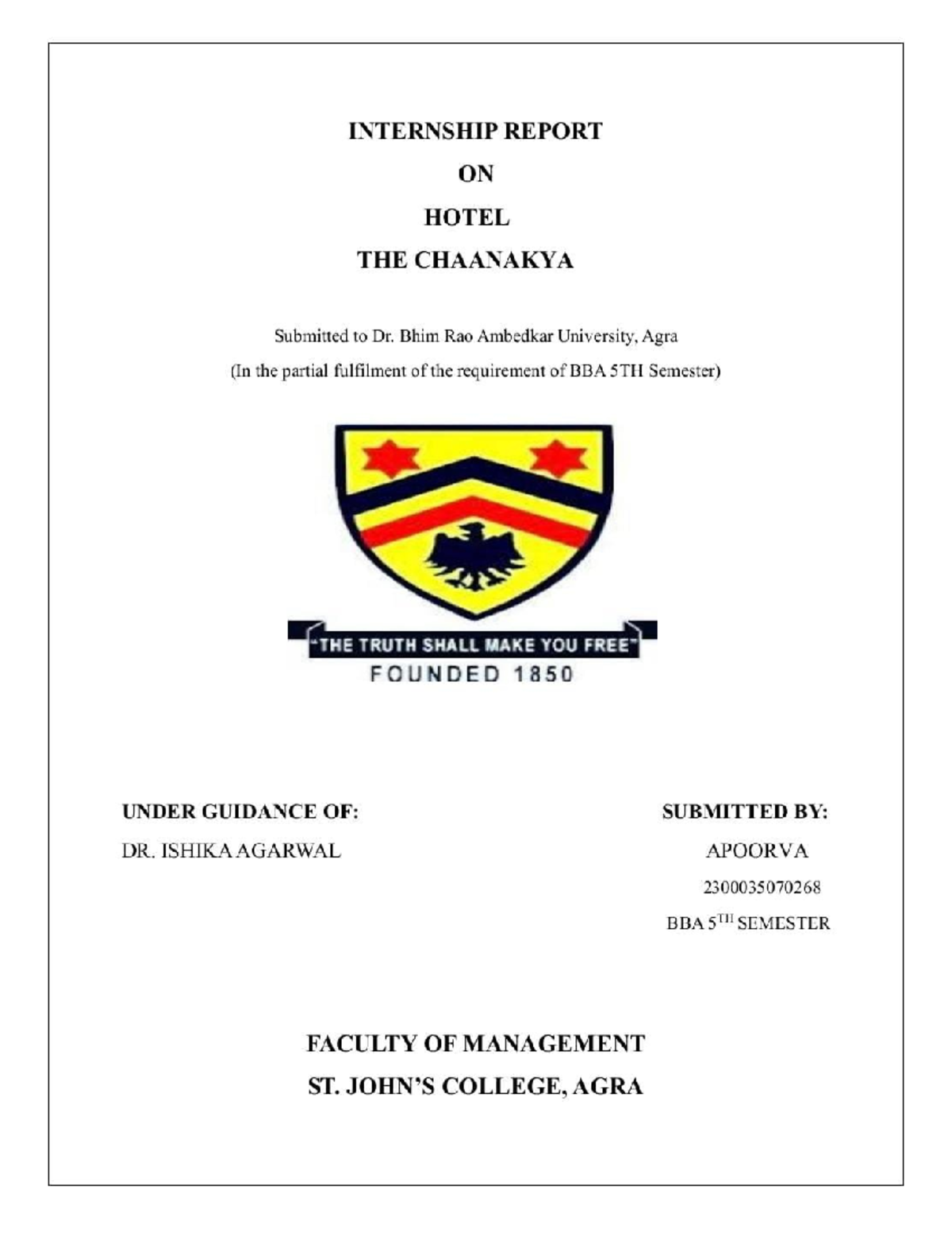 BBA 5TH SEMESTER INTERNSHIP REPORT ON HOTEL THE CHAANAKYA - Studocu