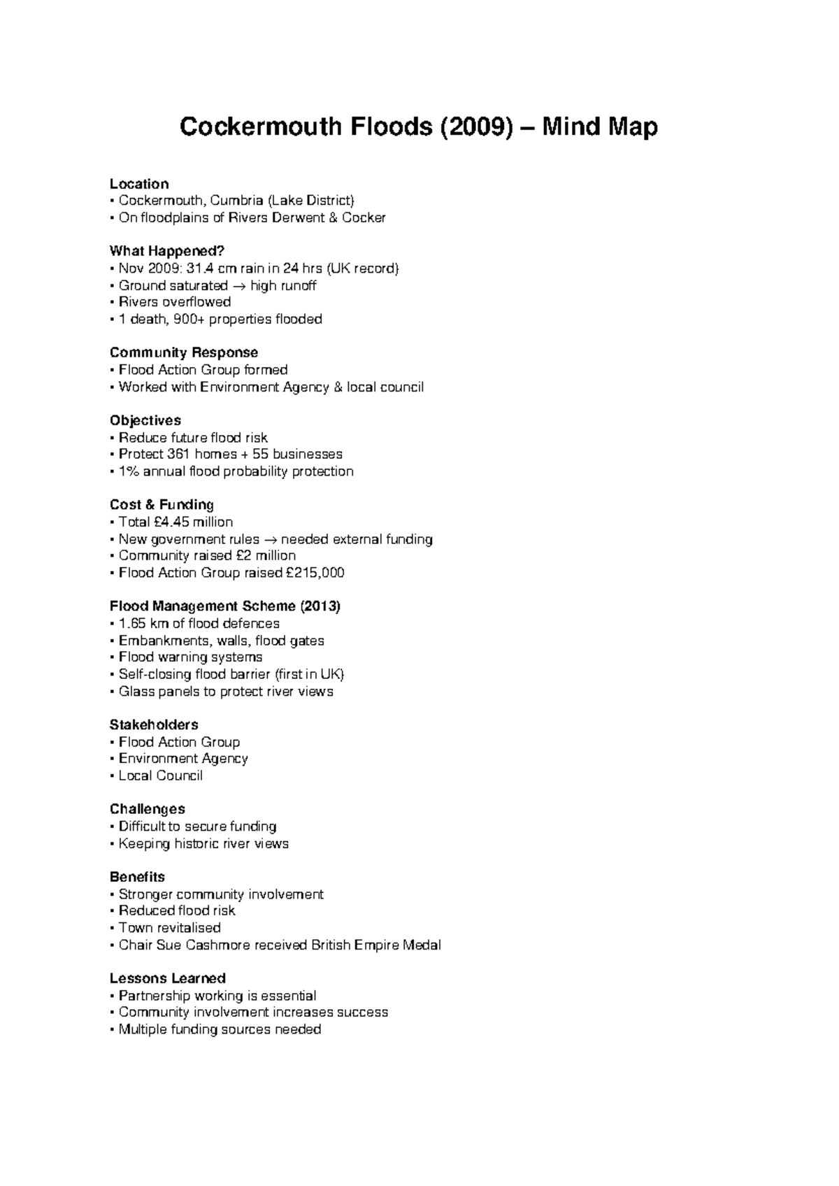 Cockermouth Floods (2009) Case Study Mind Map Analysis - Studocu