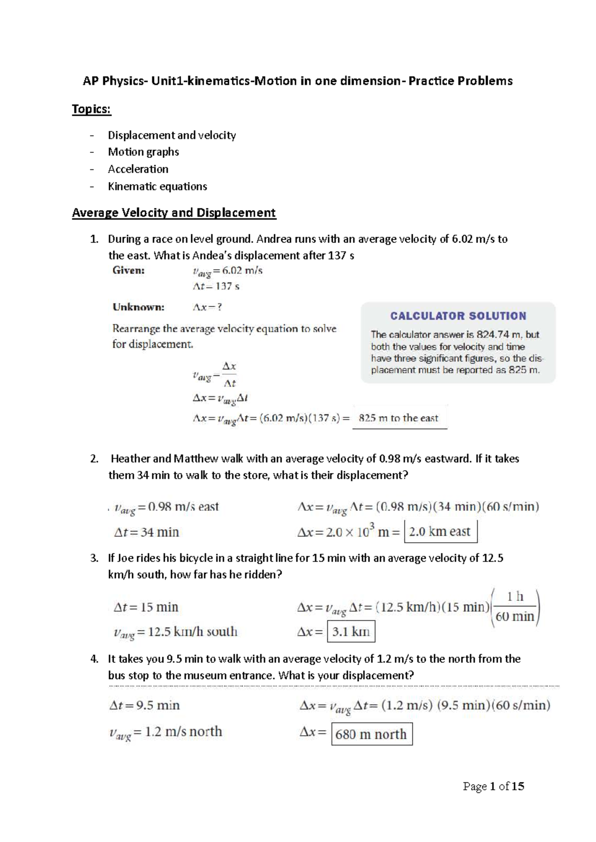 AP Physics Unit 1 Kinematics Practice Problems: Displacement ...