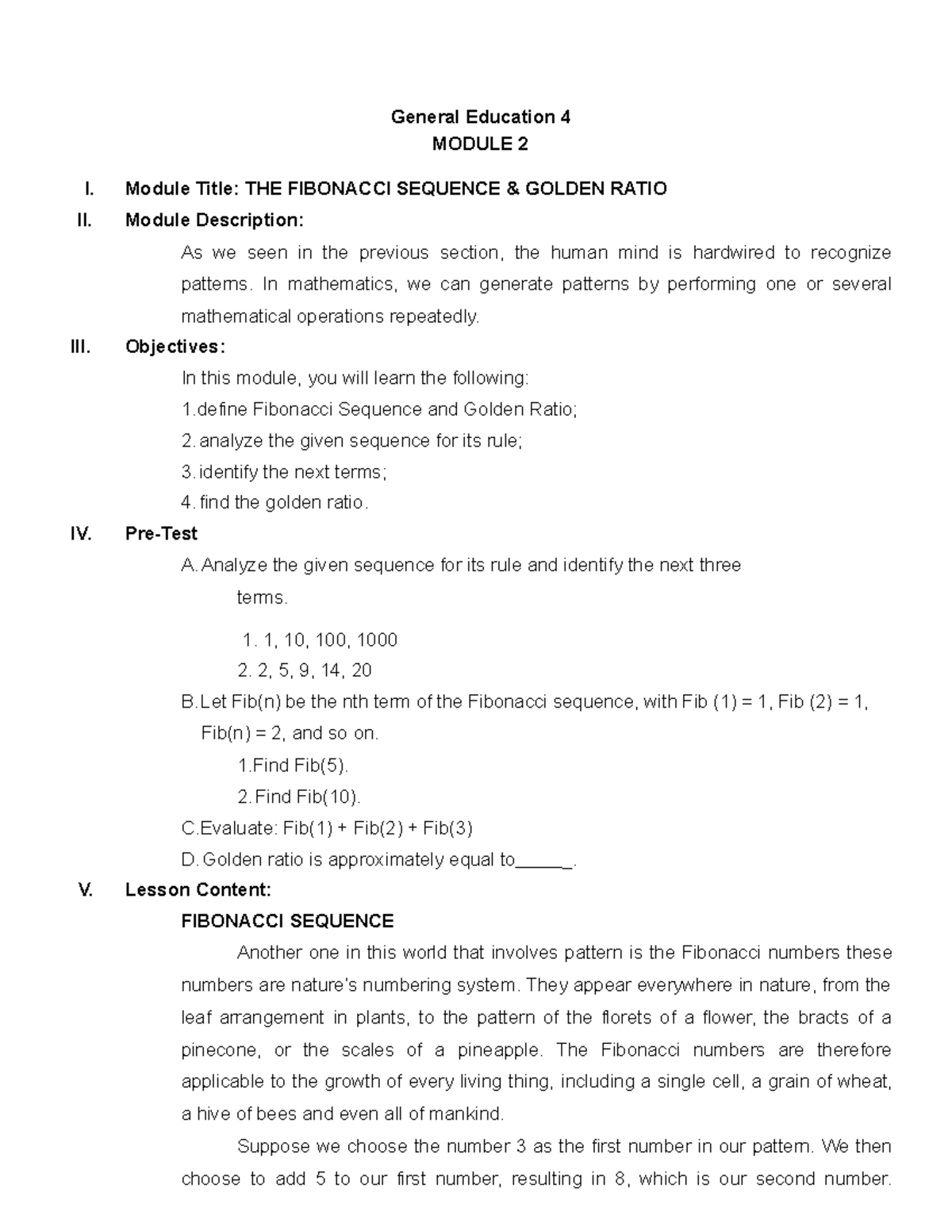 GE 4 Module 2: Understanding Fibonacci Sequence & Golden Ratio - Studocu