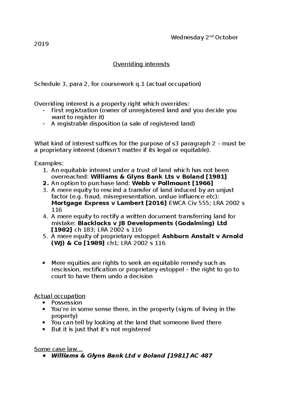 Overriding Interests in Property Law: Coursework Q1 - Actual Occupation ...