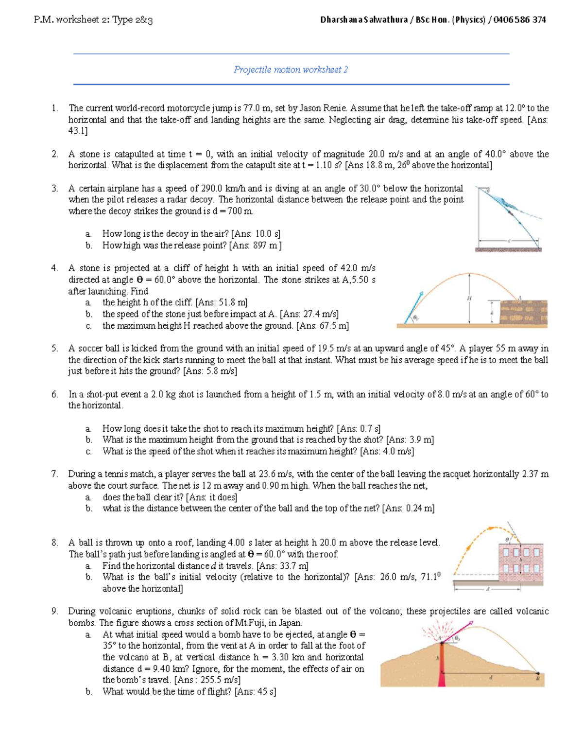 Projectile Motion Worksheet 2: BSc Hon. (Physics) 0406 - Studocu