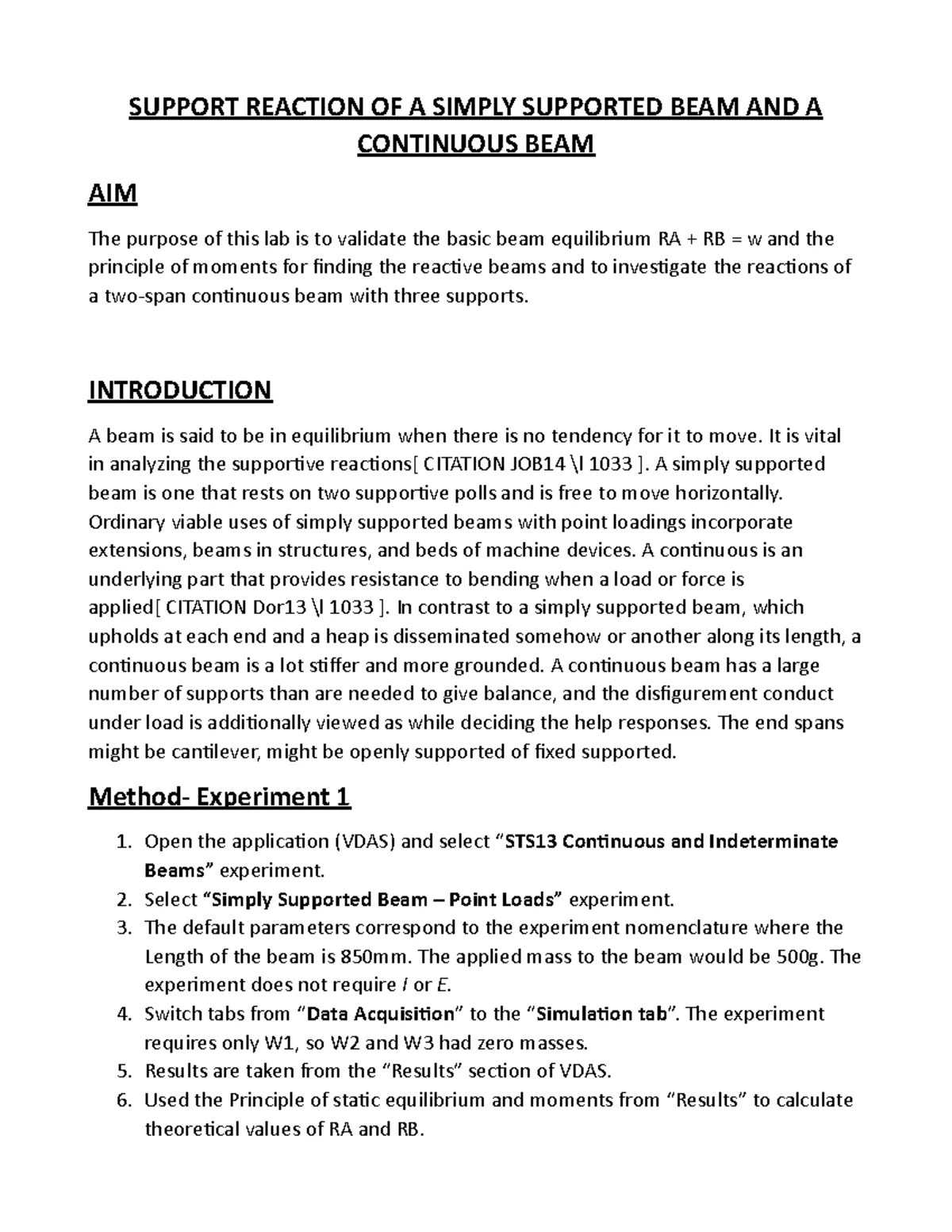 Lab report 1 ( reaction of forces on a simply supported beam ...
