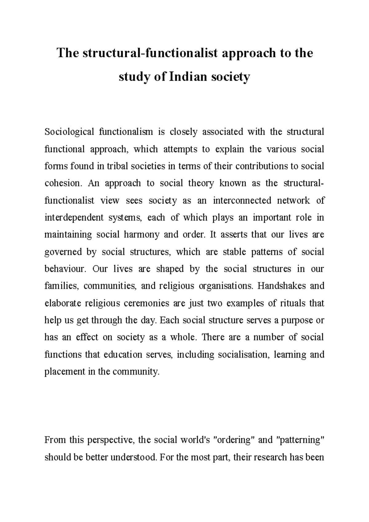 The structural-functionalist approach to the study of Indian society ...
