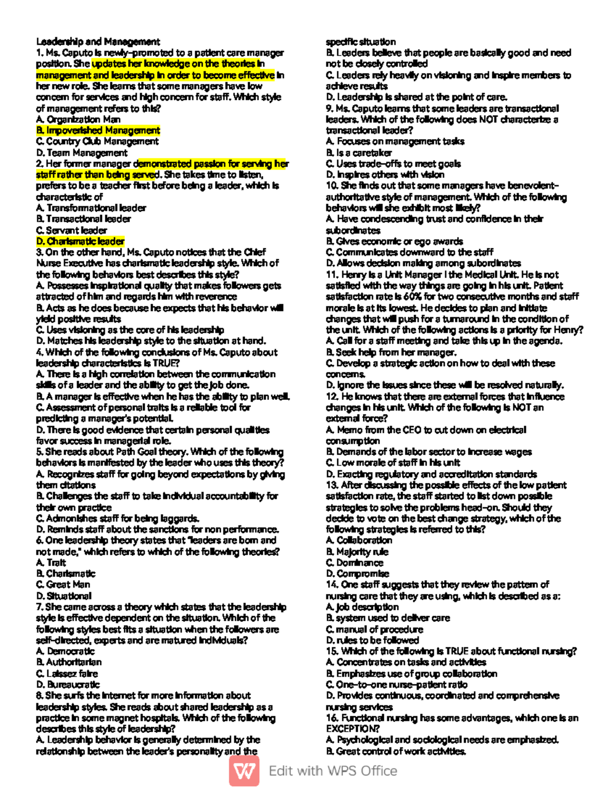 Leadership (LEAD101) - Practice Test Overview and Key Concepts - Studocu