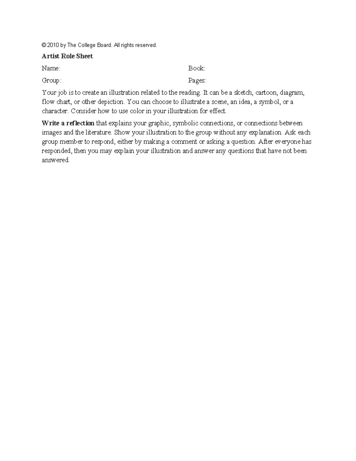 Artist Role Sheet for Literature Circle Activities - Studocu