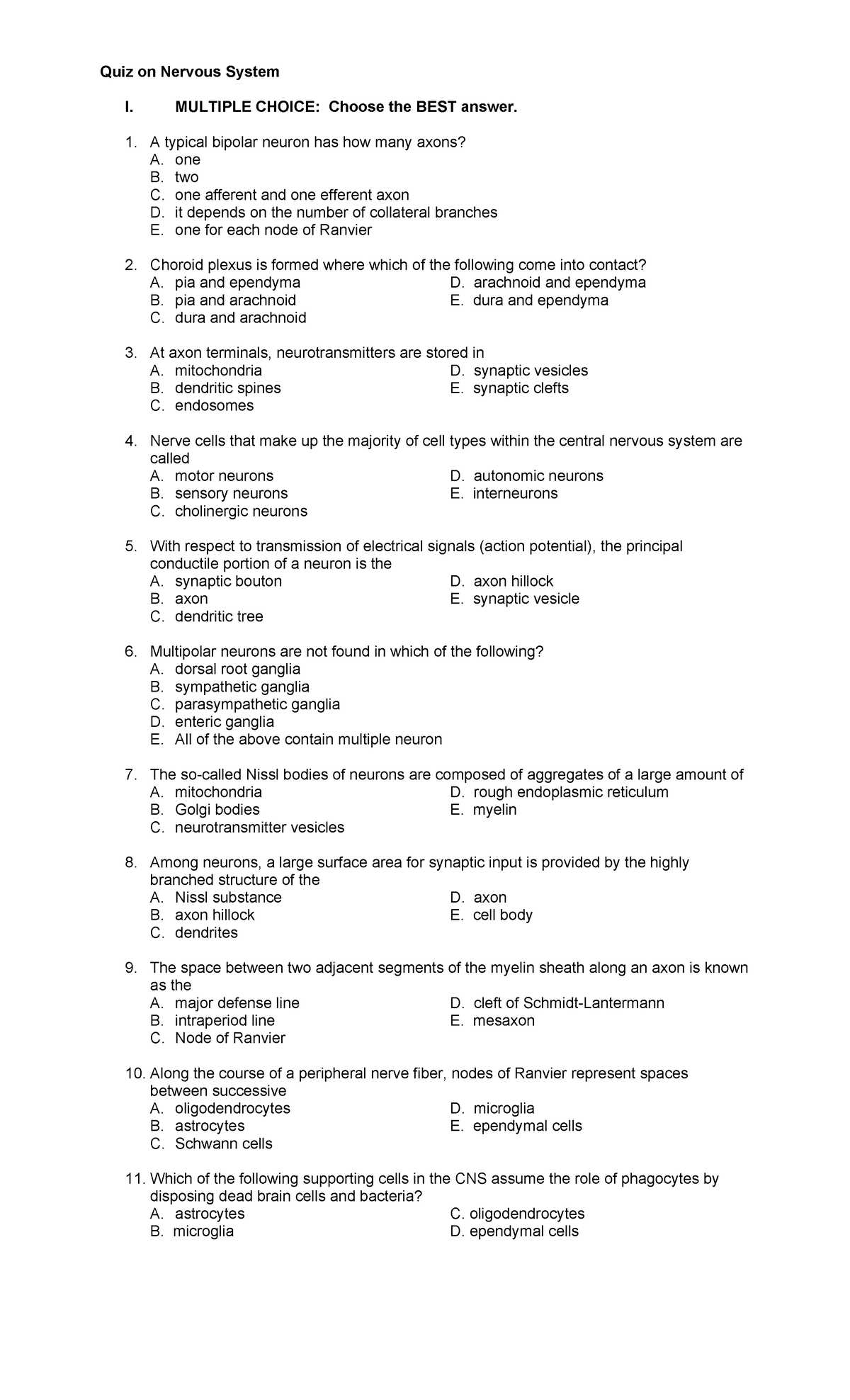 340409566 Nervous System Quiz: Multiple Choice Questions - Studocu