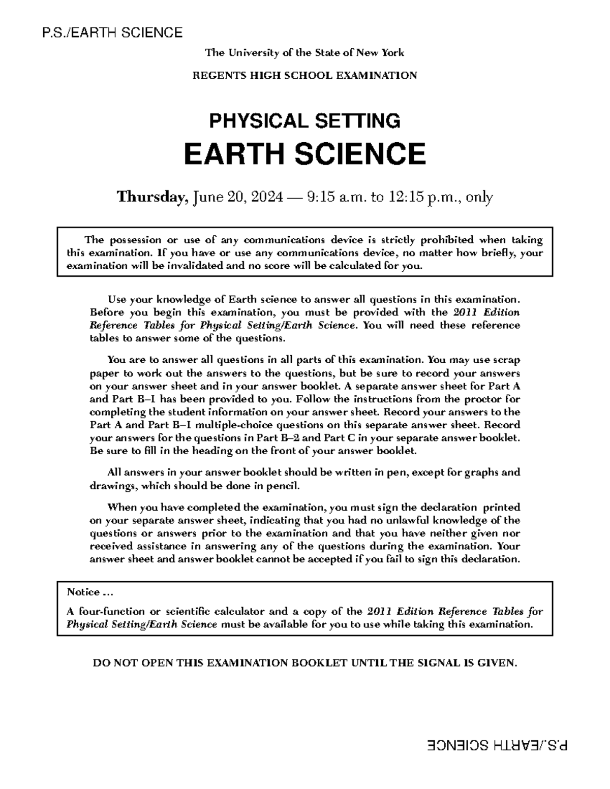 Regents Earth Science Exam - June 2024 Overview and Guidelines - Studocu