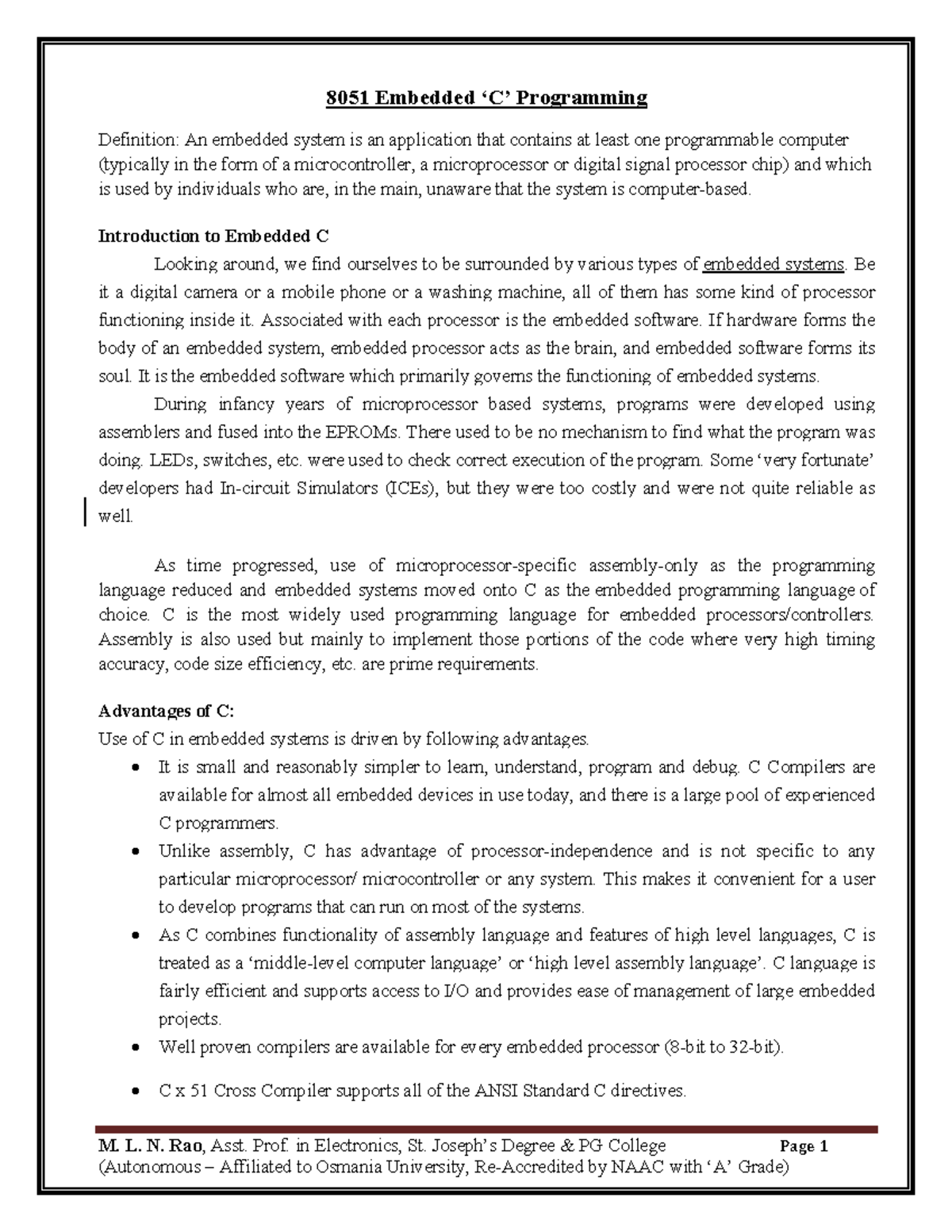 Embedded C Programming for 8051 Microcontrollers - ELE-6 ESIOT - Studocu