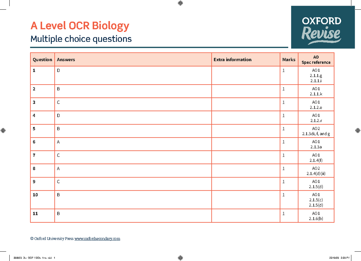 Oxford A Level OCR Biology MSQs Answers and Extra Info - Studocu