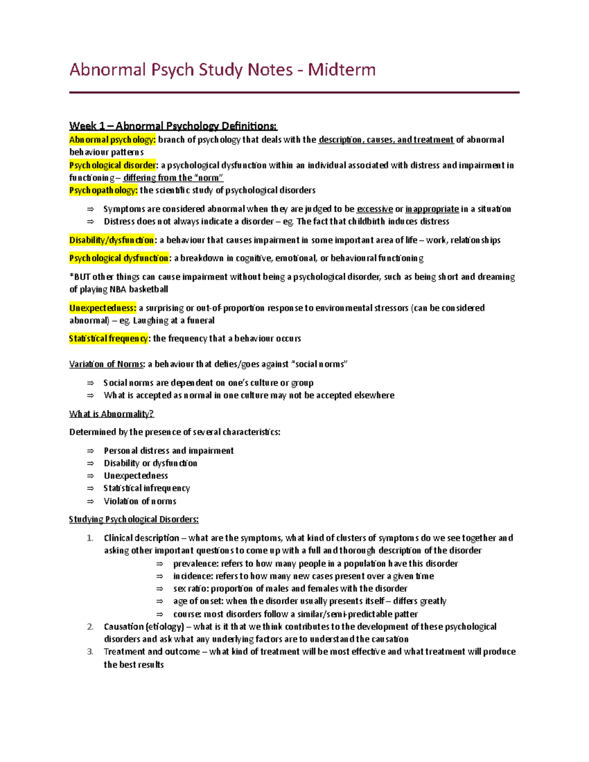 Study notes - midterm 1 - Abnormal Psych Study Notes - Midterm Week 1 ...