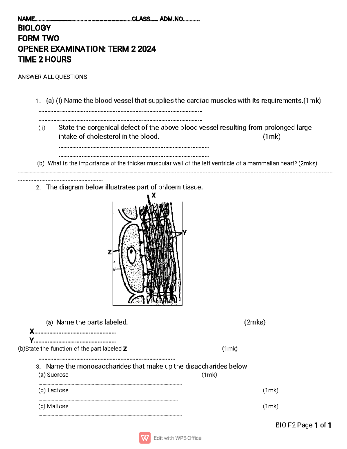 Biology F2 Term 2 2024 Opener Exam Questions - Studocu