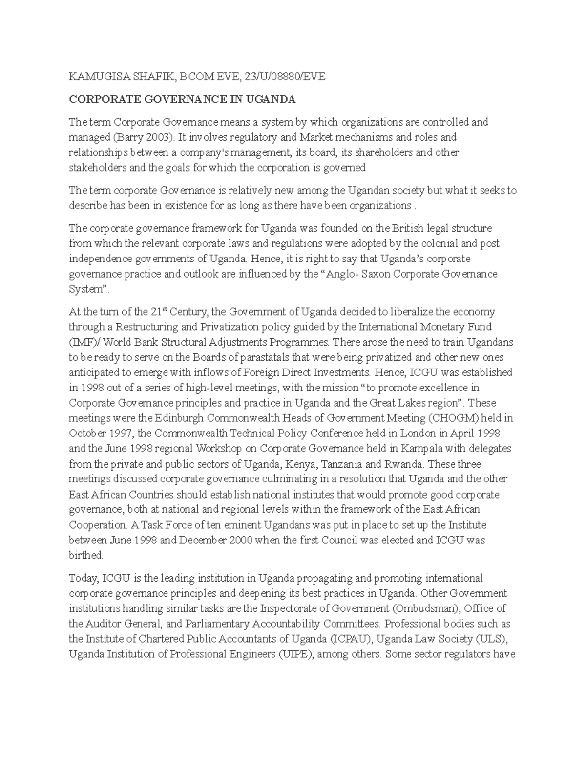 BCOM EVE: Corporate Governance in Uganda - An Overview - Studocu