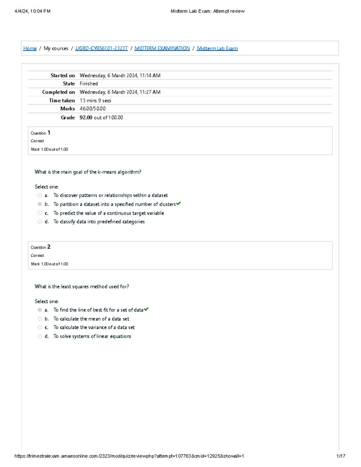 Midterm Lab Exam Attempt review - Home / My courses / UGRD-CYBS6101-2323T / MIDTERM EXAMINATION ...