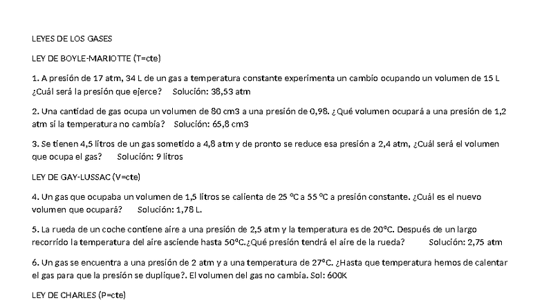 Leyes de los Gases: Ejercicios y Soluciones (Física 101) - Studocu
