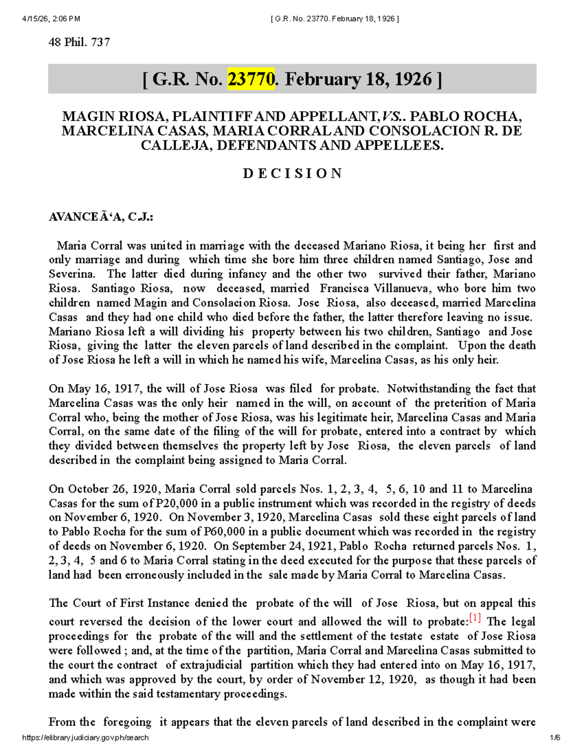 Magin Riosa v. Pablo Rocha, et al. G.R. No. 23770 Decision Summary ...
