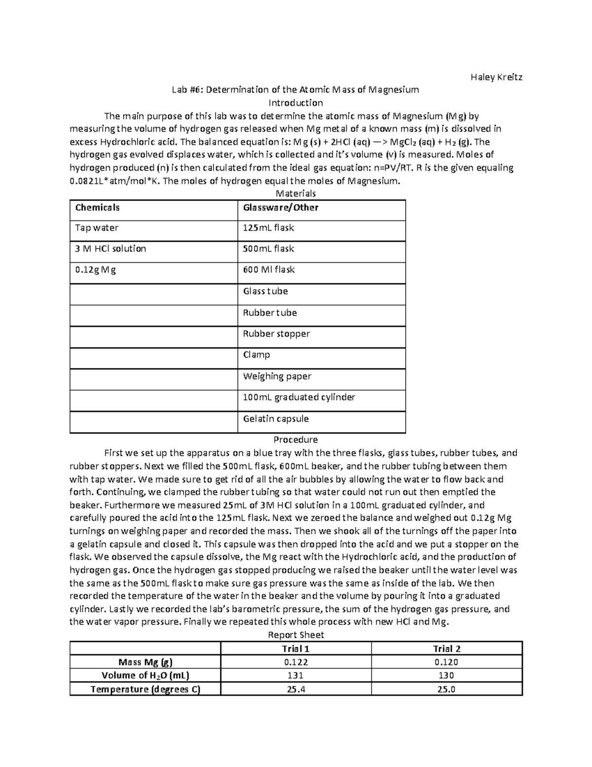 CHEM2051F22 Lab #6: Determining Atomic Mass of Magnesium - Studocu
