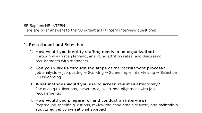 HR Intern Interview Prep: Key Questions & Answers for SR Sapiens - Studocu