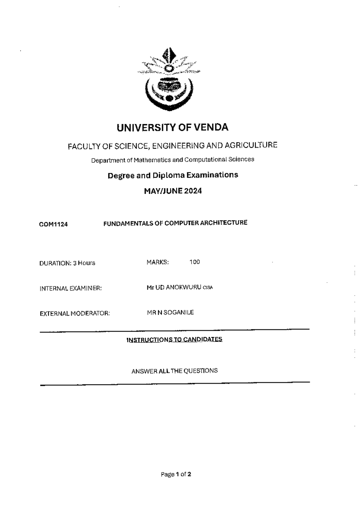 COM1124 Final Exam: Fundamentals of Computer Architecture - Studocu