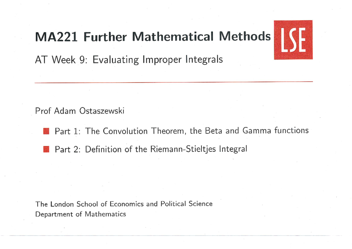 MA221 Further Mathematical Methods: Week 9 Lecture Notes on Integrals ...