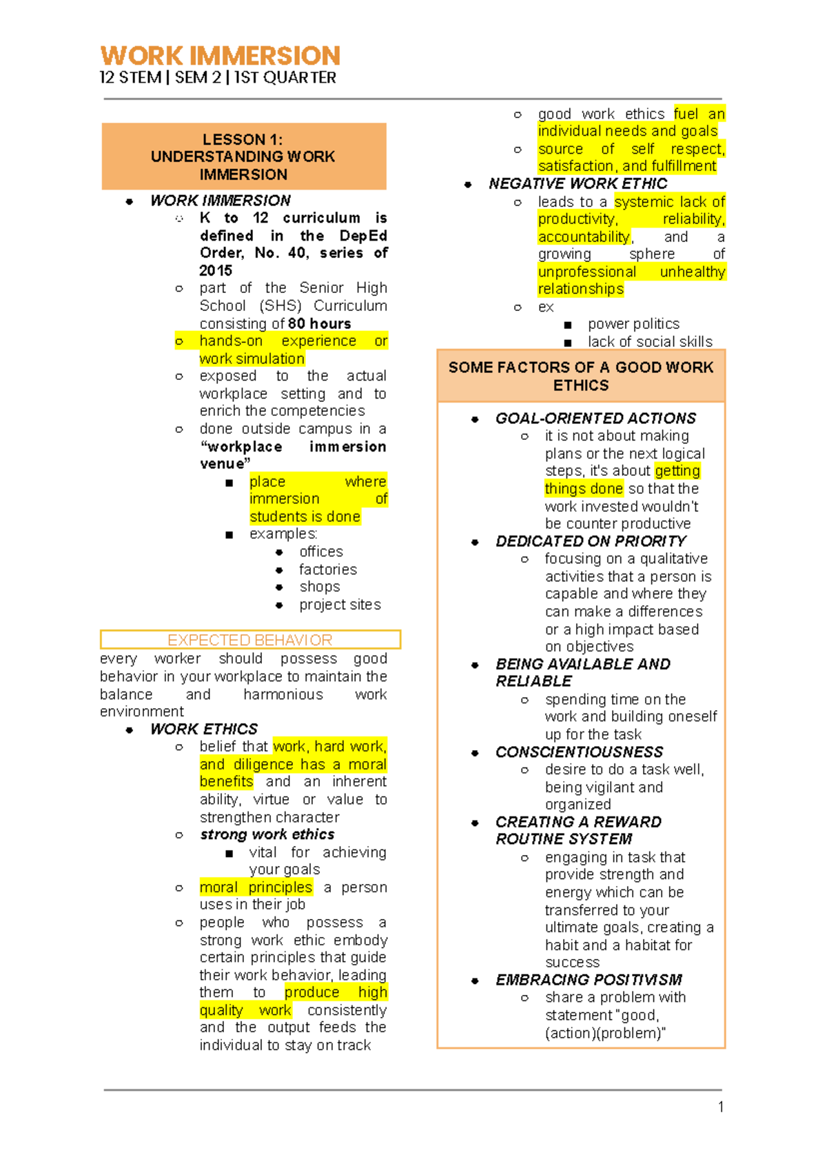 WORK IMMERSION 12 STEM SEM 2 1ST LESSON: WORK ETHICS & SAFETY - Studocu