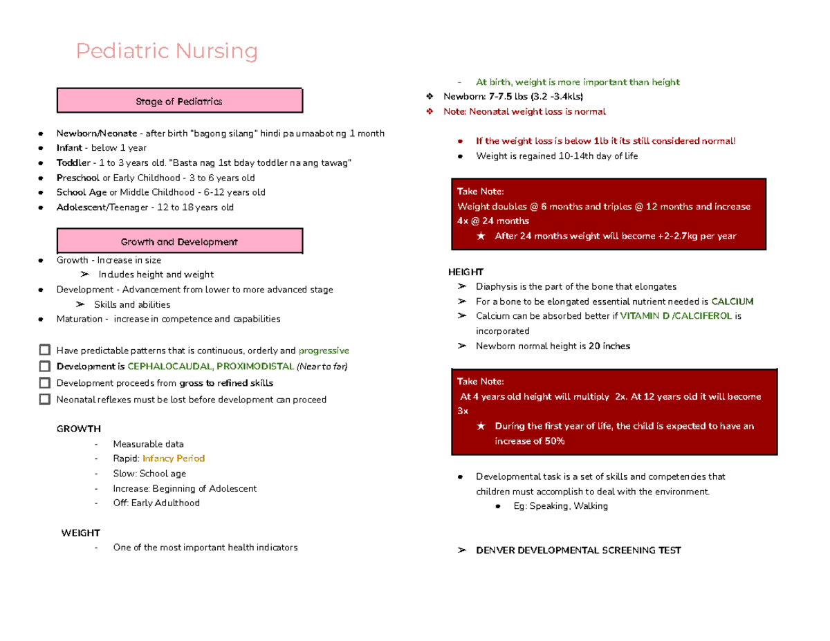Pediatric Nursing: Growth, Development, and Key Milestones - Studocu