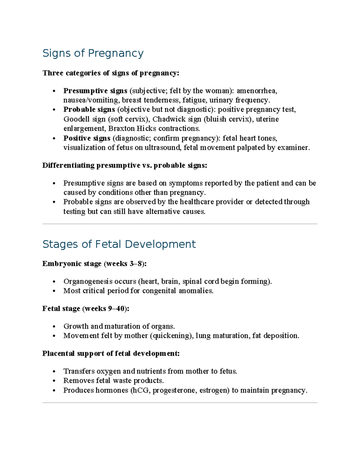 Unit 1 Part A Exam Study Guide: Signs of Pregnancy & Nursing Care - Studocu