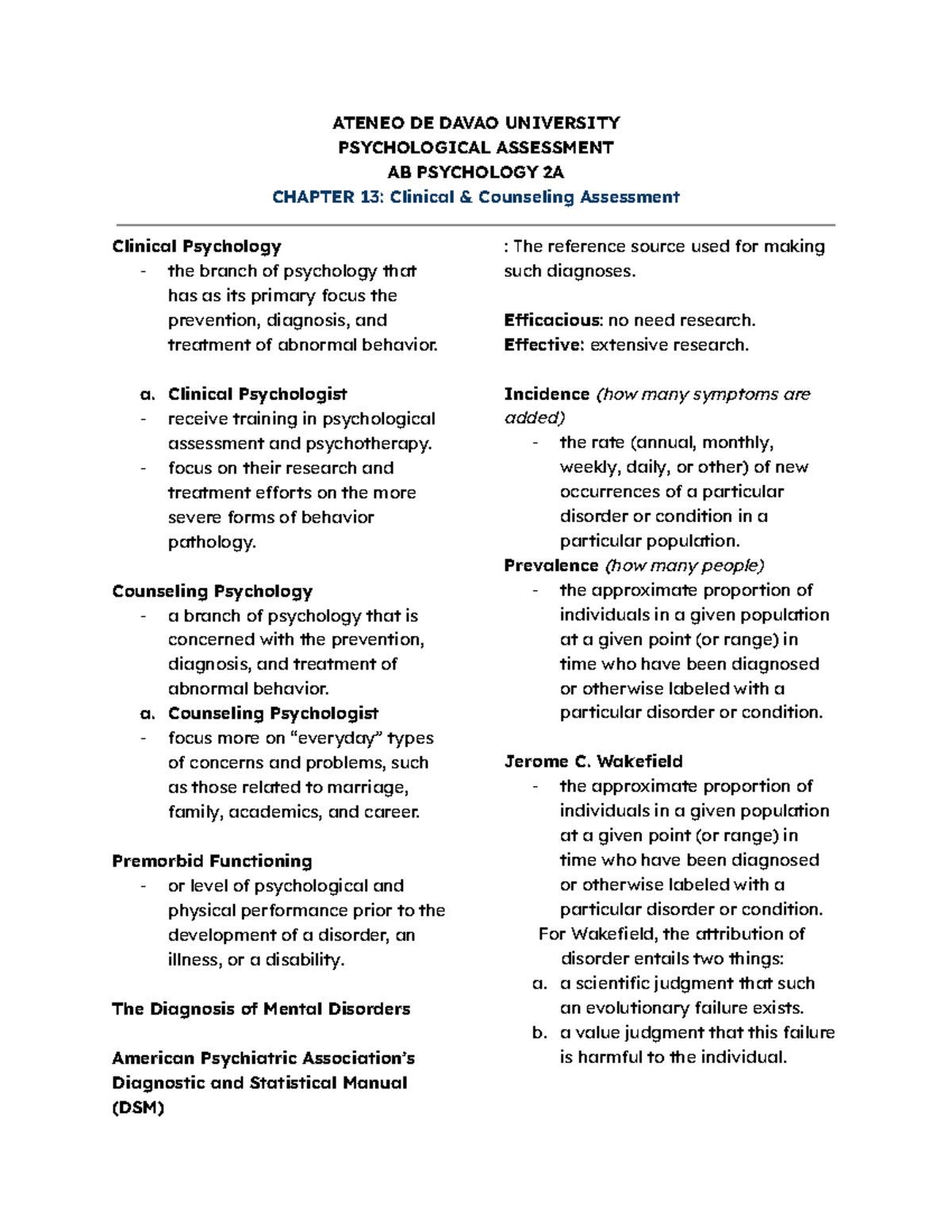 PSYCHOLOGICAL ASSESSMENT NOTES: CHAPTER 13 - CLINICAL COUNSELING AB ...