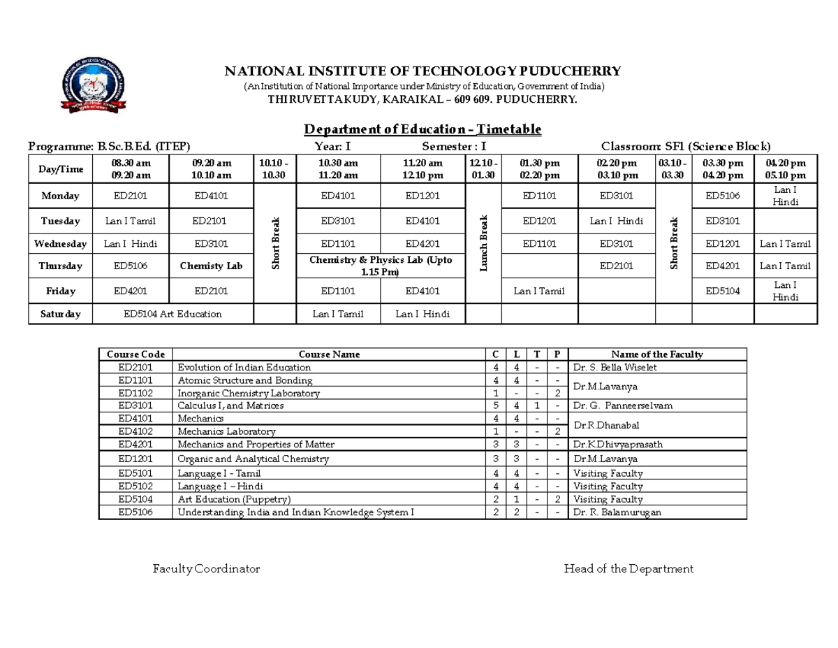 Timetable for B.Sc.B.Ed. I Year I Semester (ED2101, ED4101, ED1201 ...