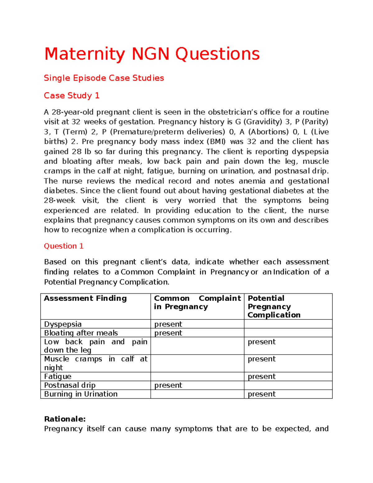 Maternity NGN Case Study Questions for Exam Preparation - Studocu