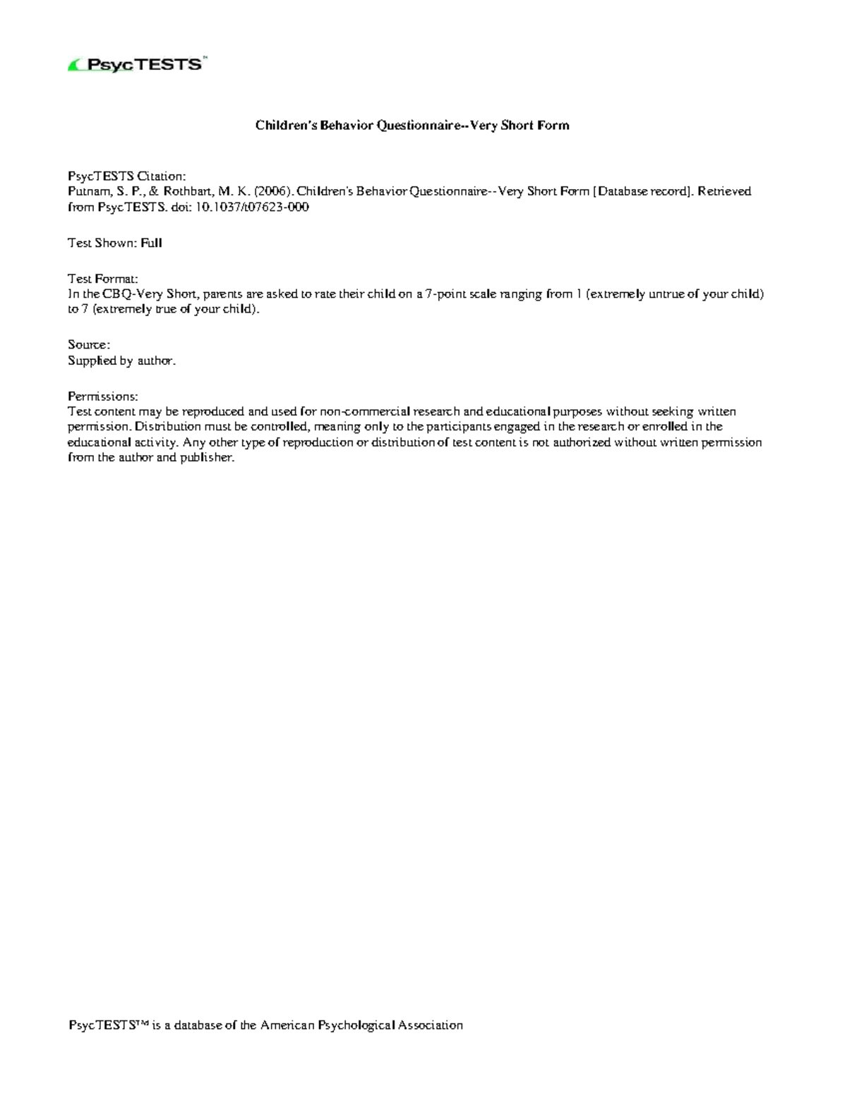 10 Children's Behavior Questionnaire Short Form (PsycTESTS) - Studocu