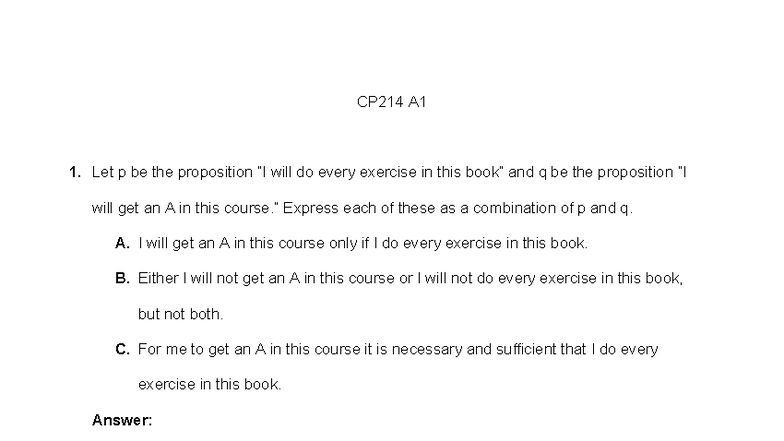 CP214 Assignment 1: Propositional Logic and Inference Answers - Studocu