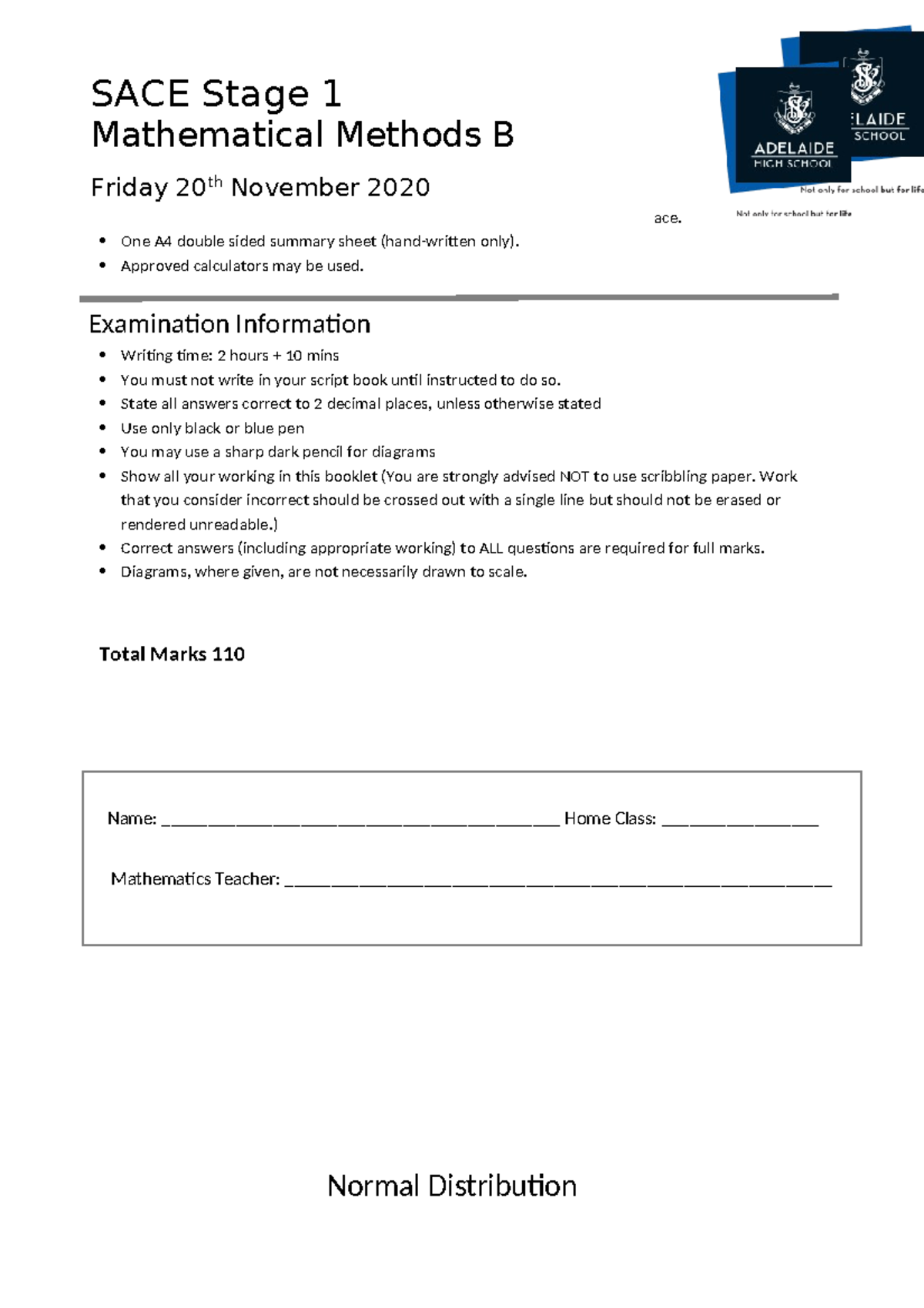 2021 Math Methods B Exam - Examination Materials One 16-page question ...