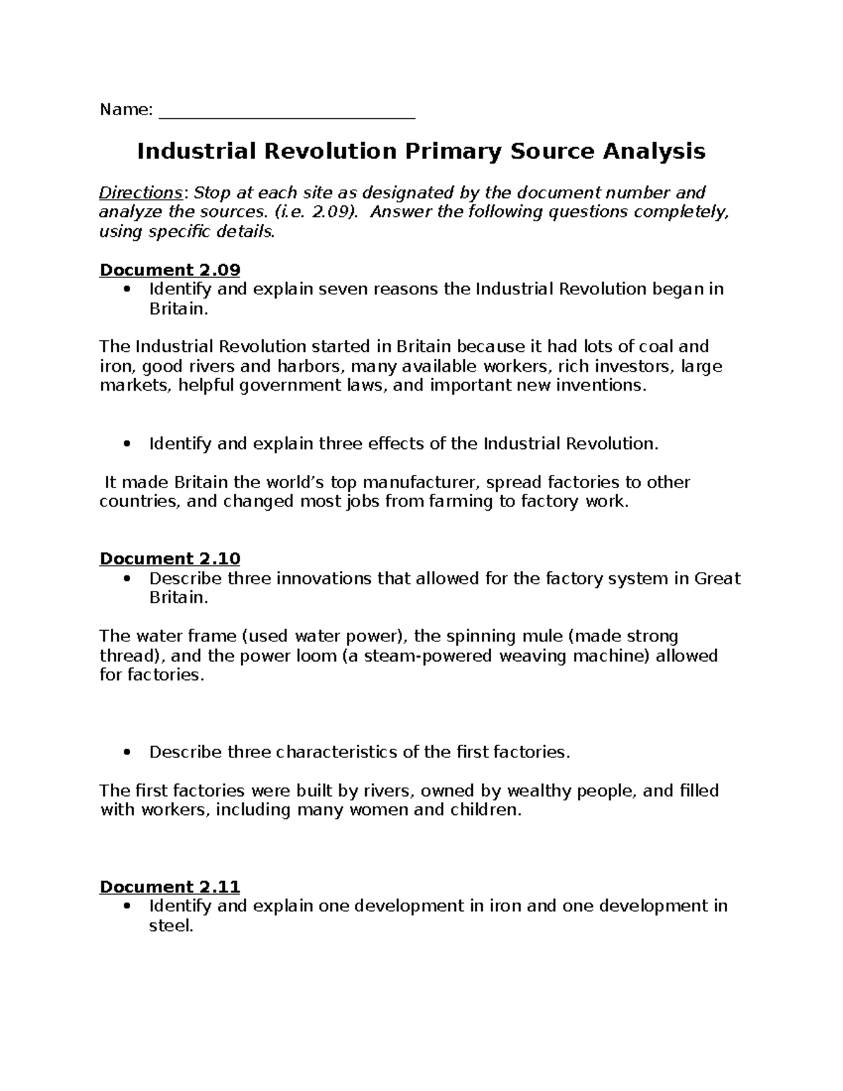 Industrial Revolution Primary Source Analysis (Docs 2.09-2.16) - Studocu