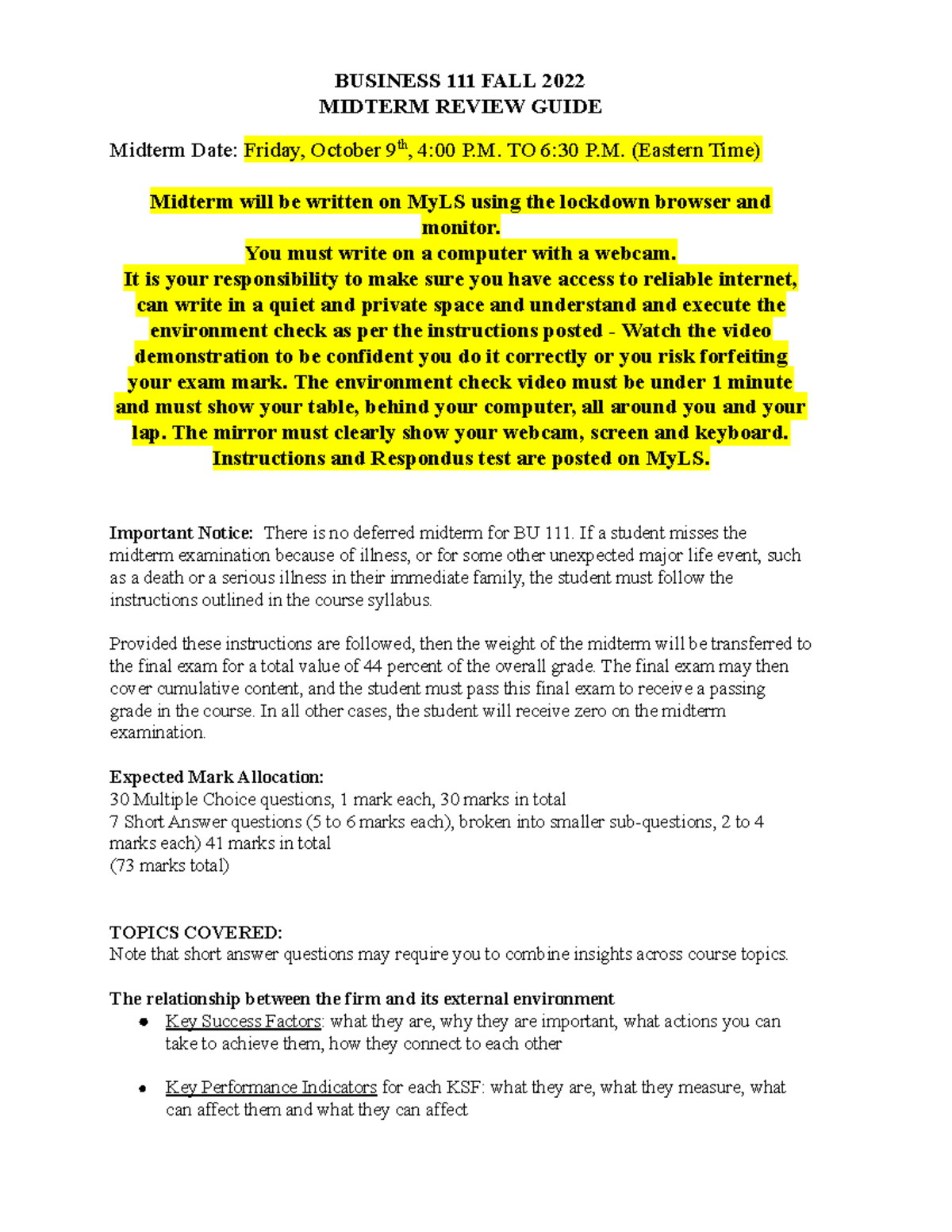 BU111 Midterm Exam Review Guide for Fall 2022 - Studocu