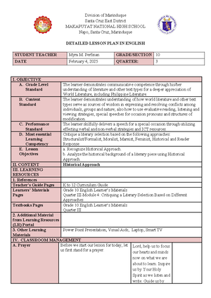 Detailed Lesson Plan in English 10: Feminist Literary Criticism - Studocu