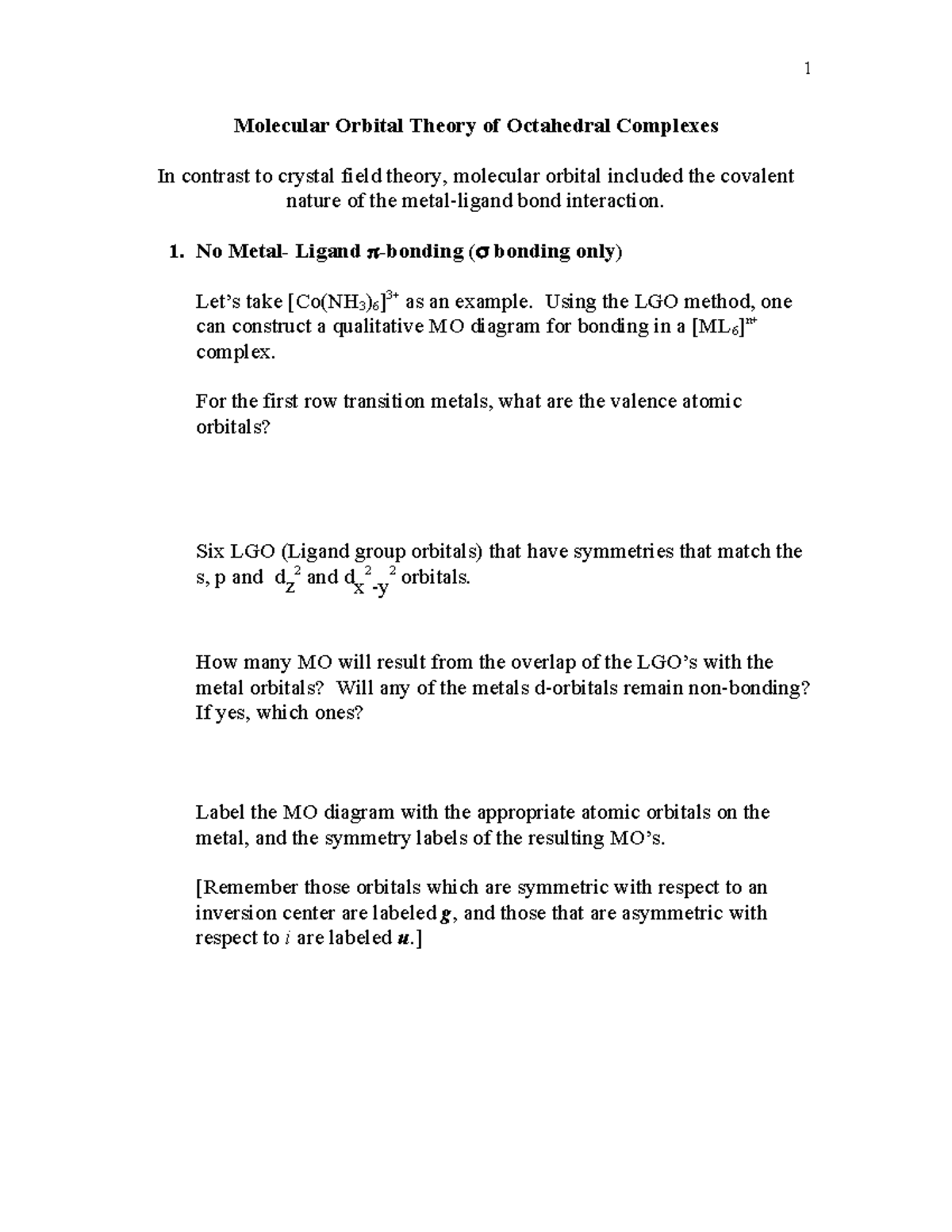 Molecular Orbital Theory of Octahedral Complexes: A Detailed Analysis ...